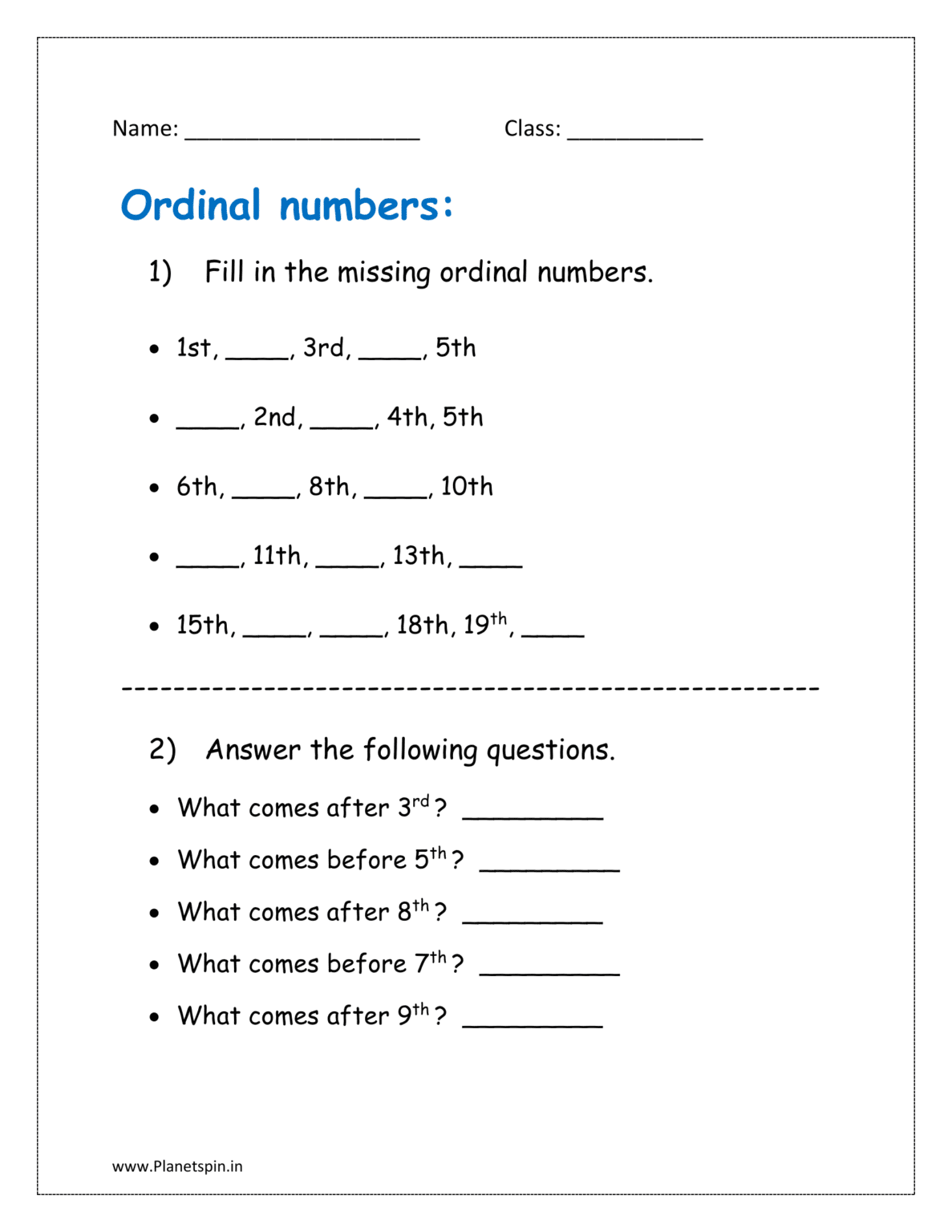 Ordinal numbers worksheet for preschool | Planetspin.in