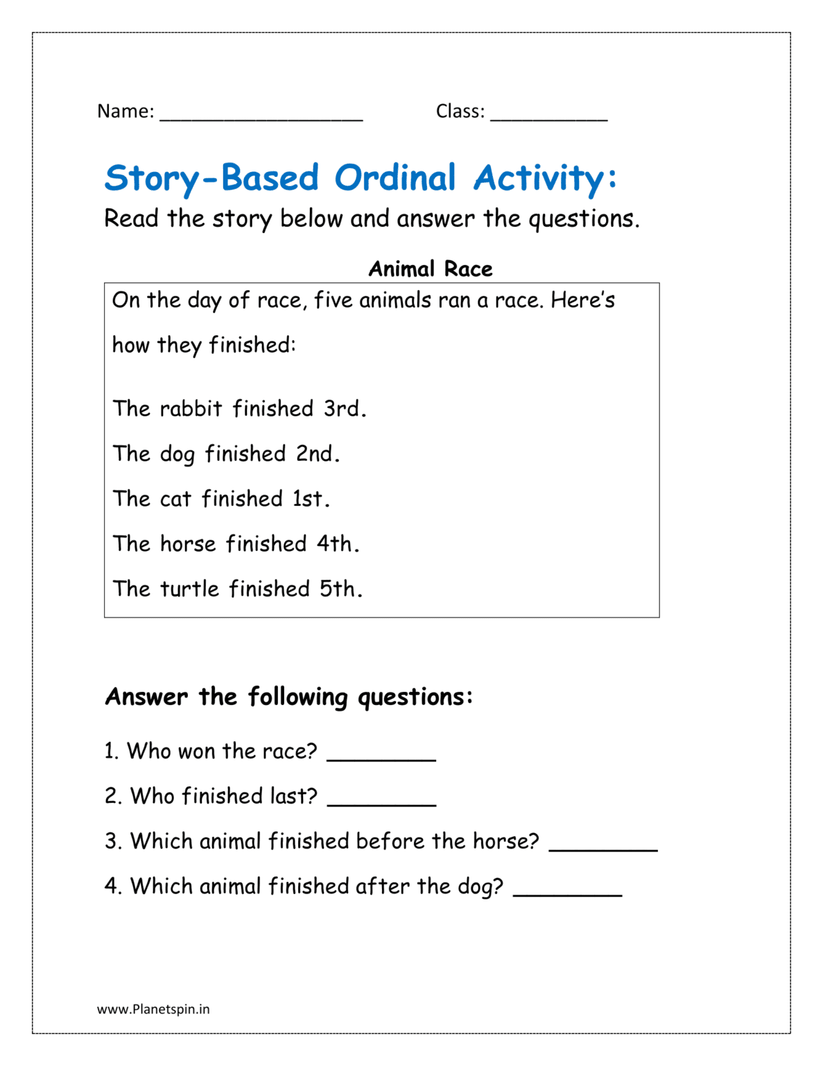 Ordinal numbers worksheet for preschool | Planetspin.in