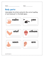 Write body parts name worksheet for kindergarten | Planetspin.in