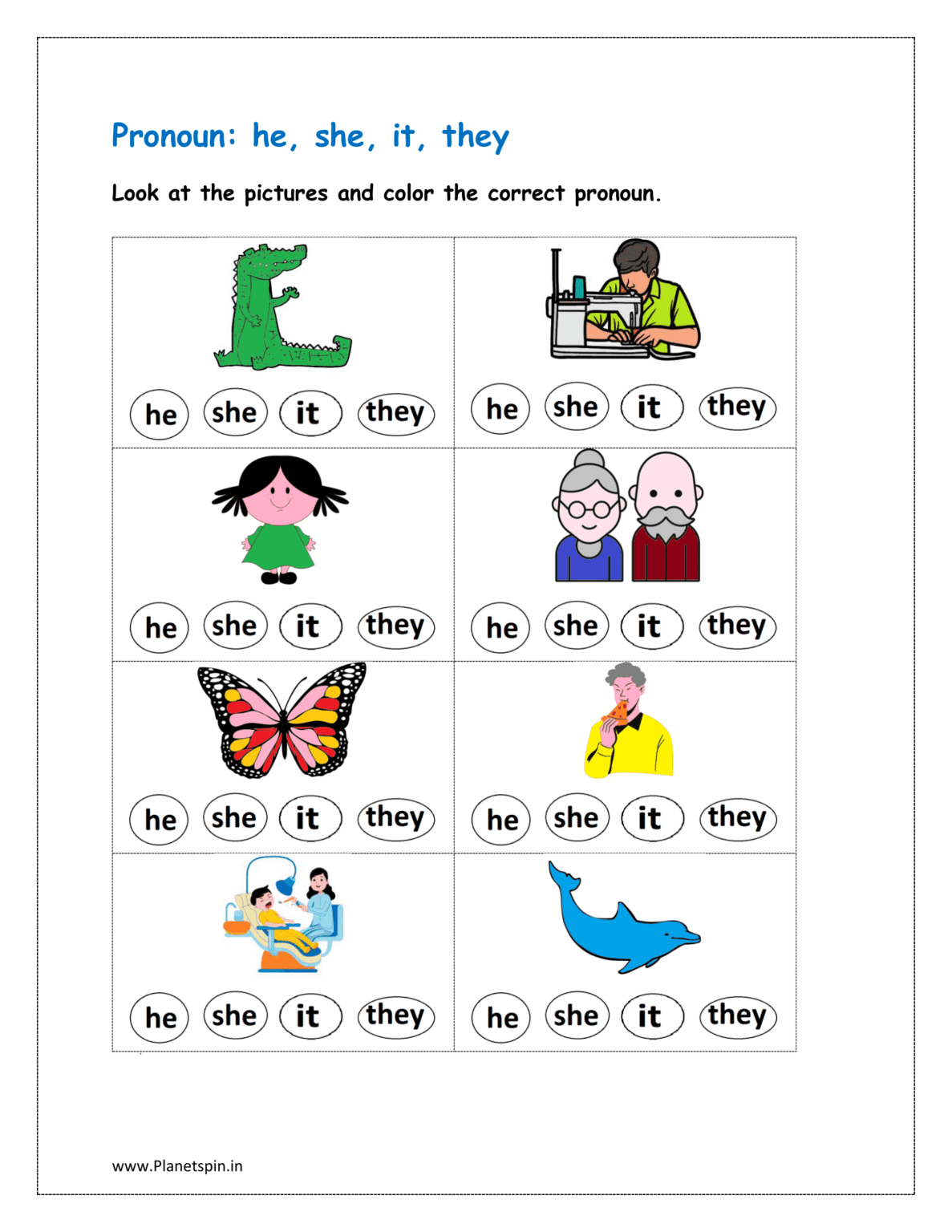 Pronouns worksheet for grade 1 | Planetspin.in