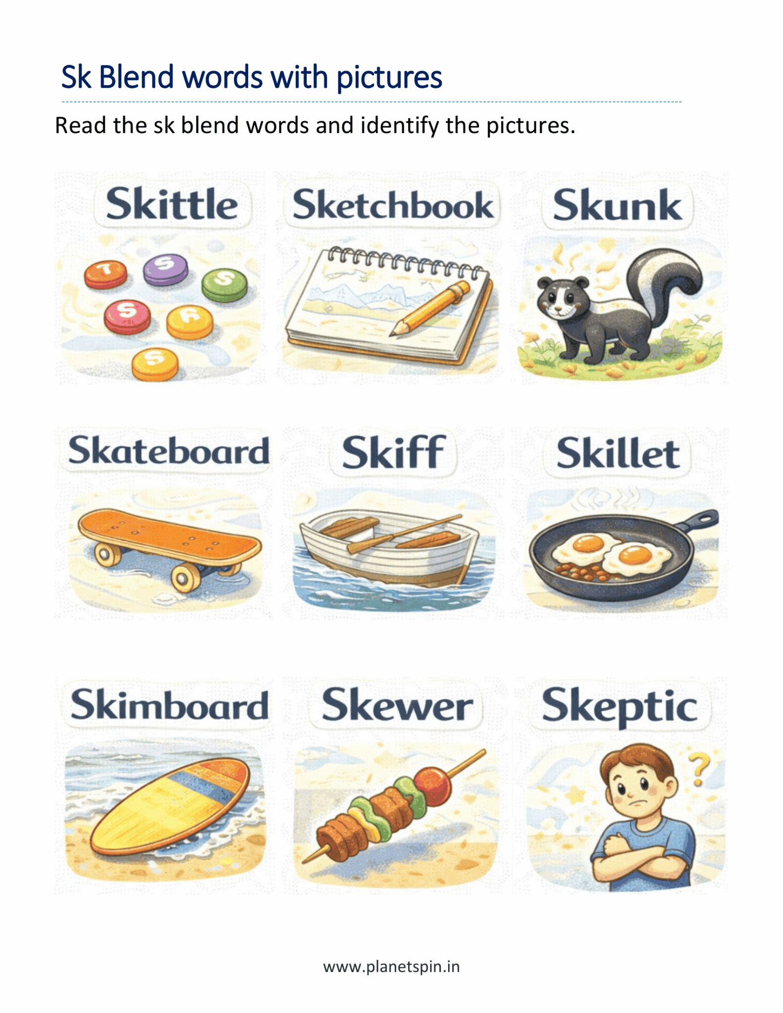 Free printable sk blends worksheets PDF for kindergarten