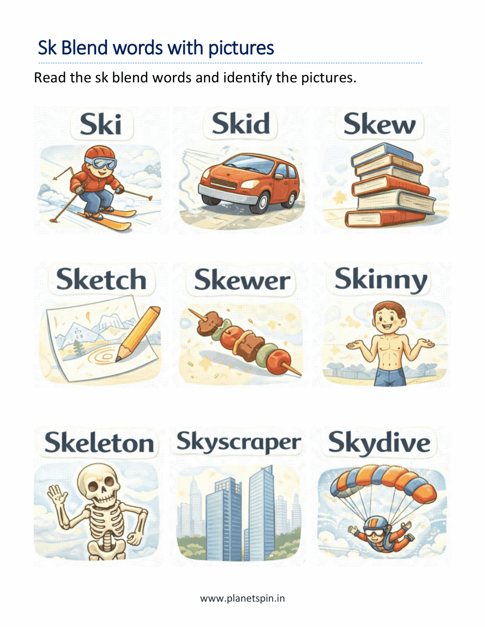 Free printable sk blends worksheets PDF for kindergarten