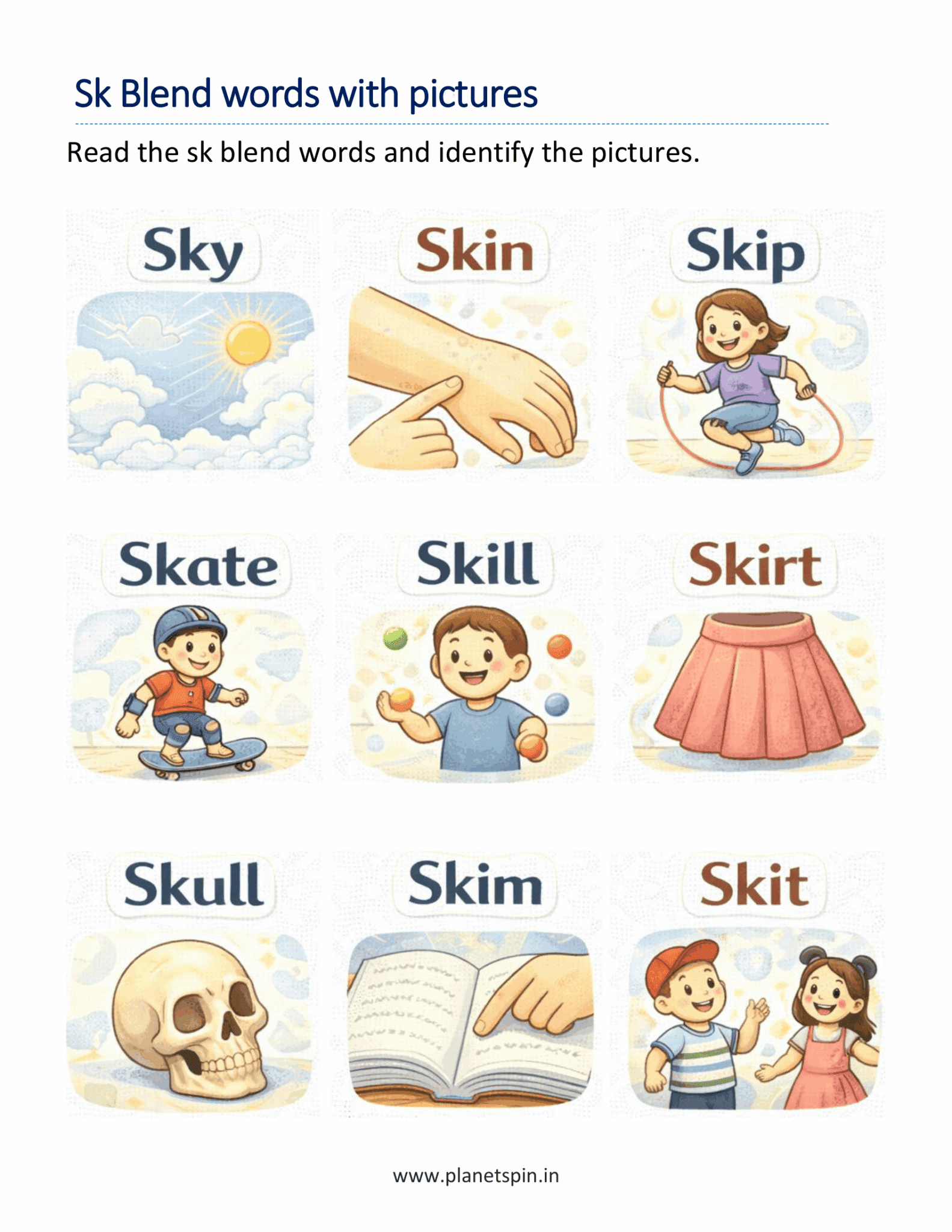 Free printable sk blends worksheets PDF for kindergarten
