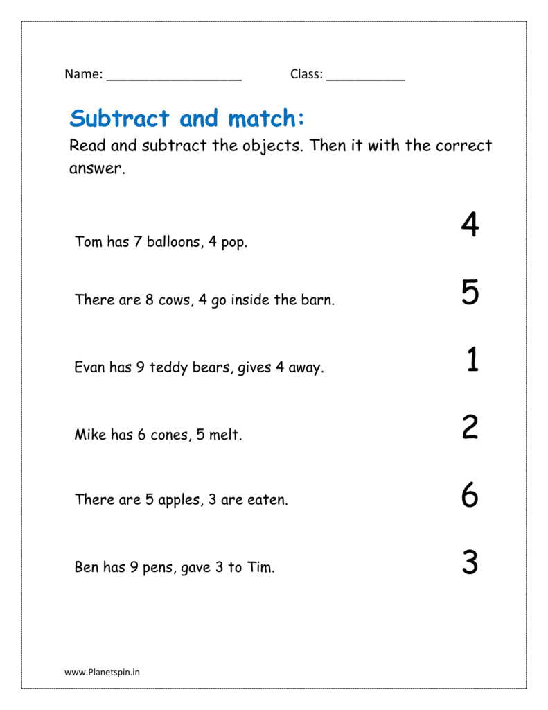 Subtract and match worksheet for kindergarten | Planetspin.in