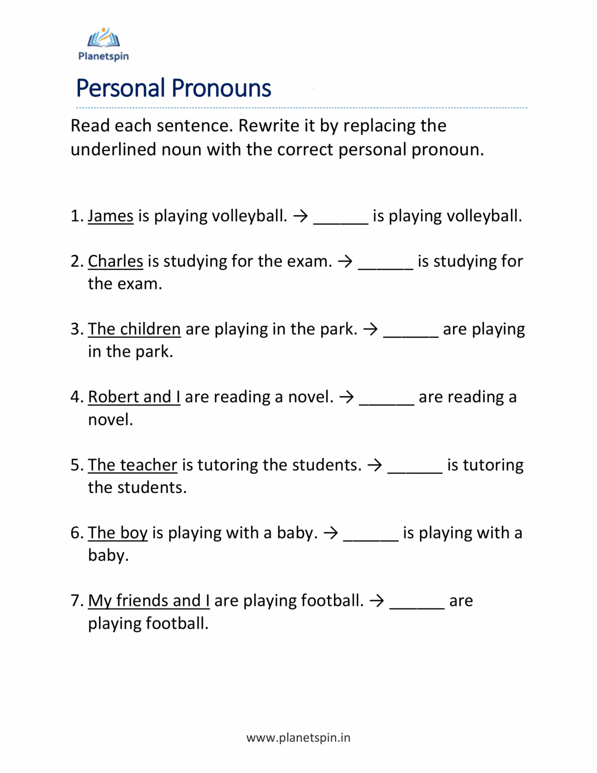 Personal pronouns worksheets for grade 2 | Planetspin.in