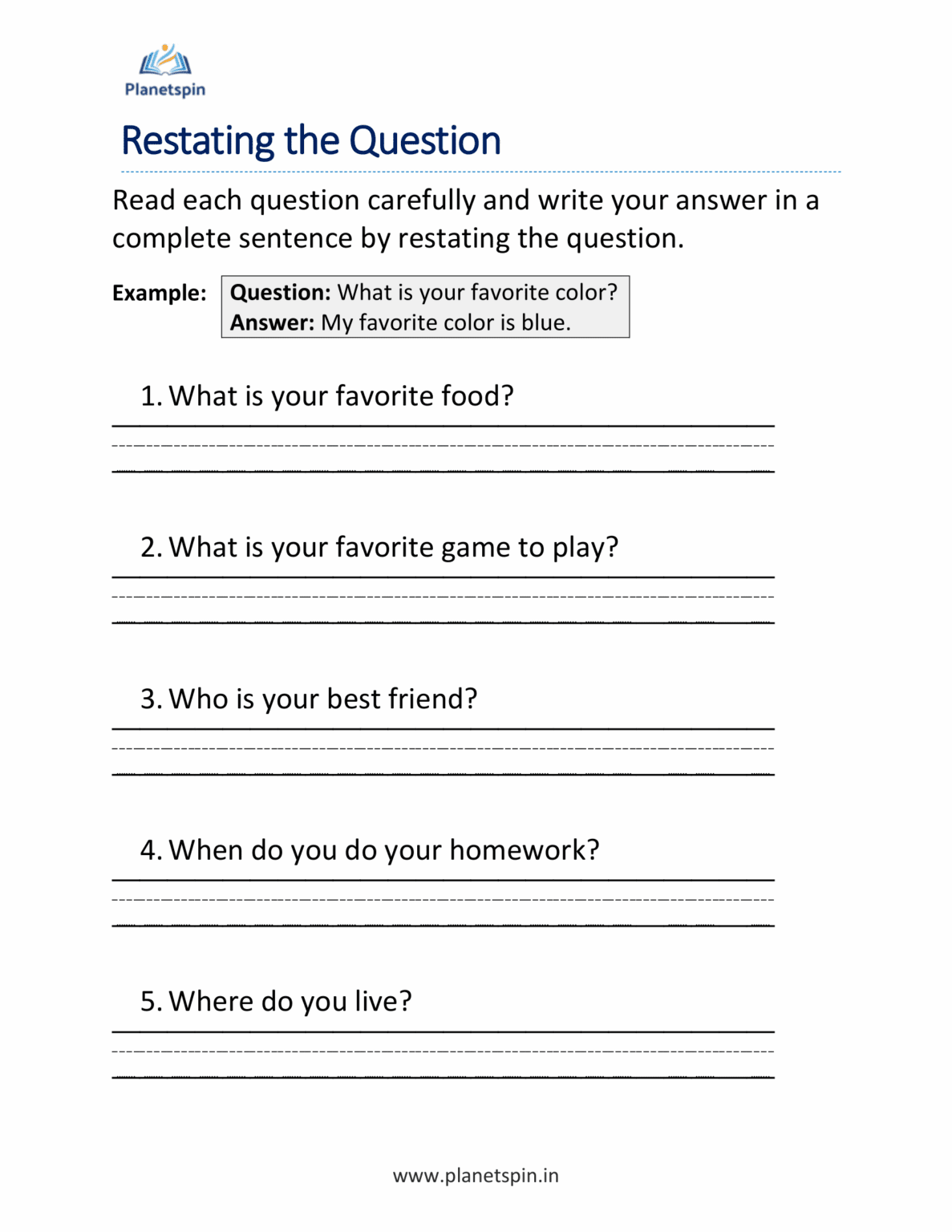 Restating the question worksheet for grade 2 | Planetspin.in