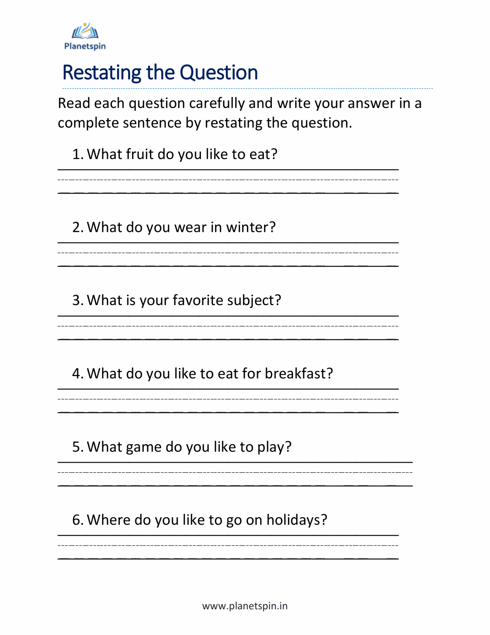 Restating the question worksheet for grade 2 | Planetspin.in