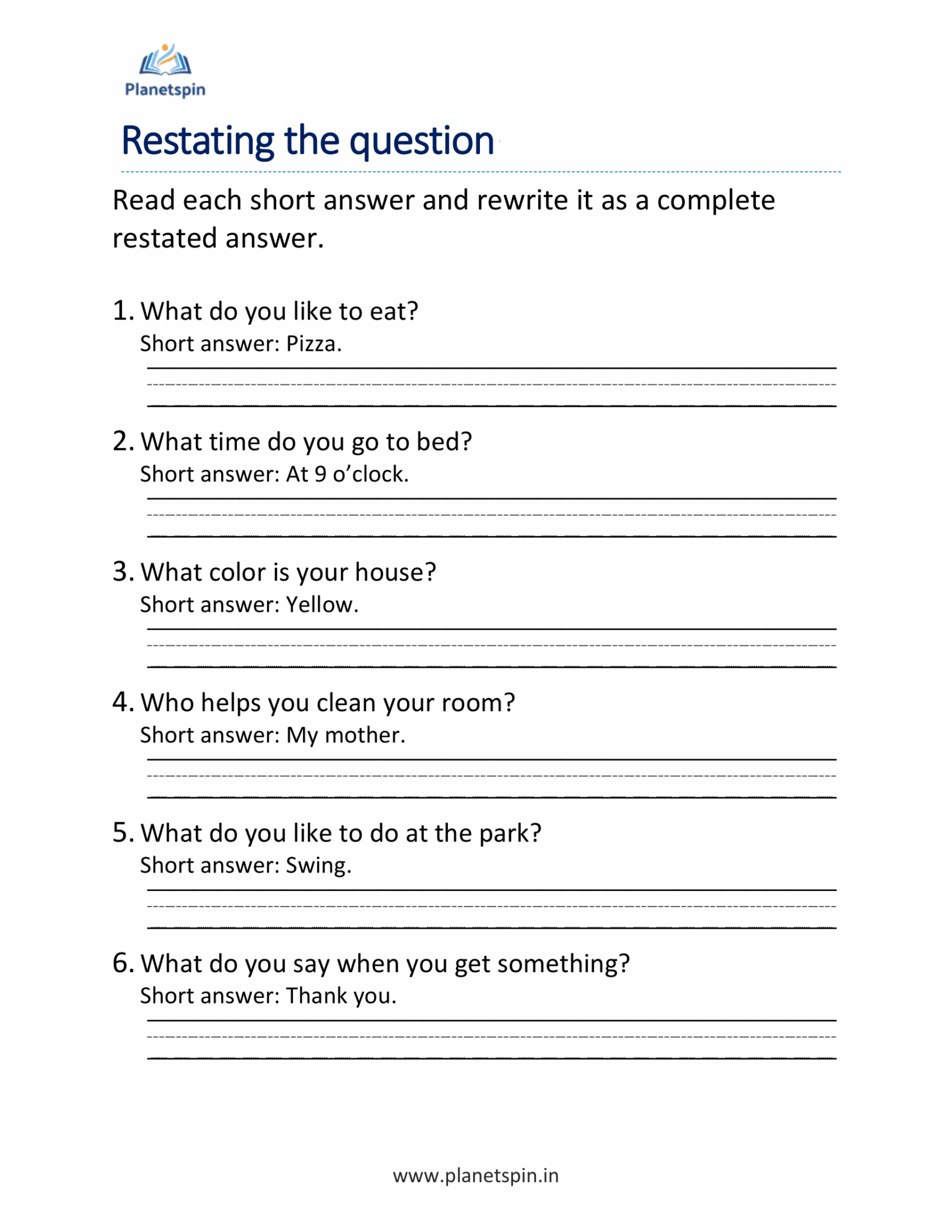 Restating the question worksheet for grade 2 | Planetspin.in