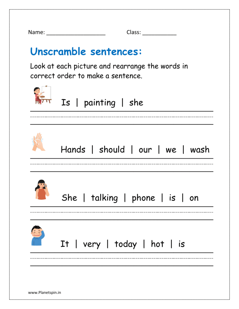 Sentence scramble worksheet PDF for kindergarten | Planetspin.in