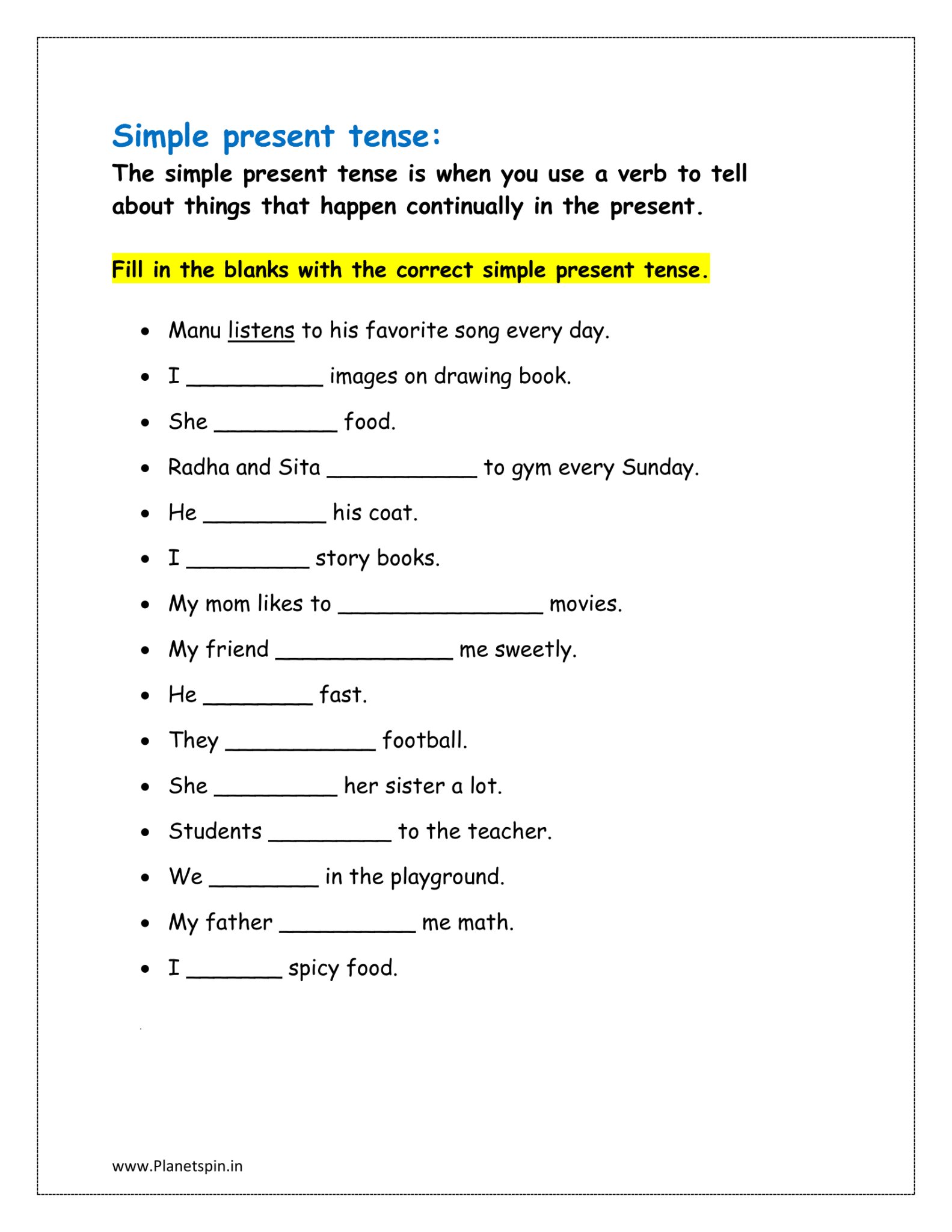 Present tense worksheet grade 1 | Planetspin.in