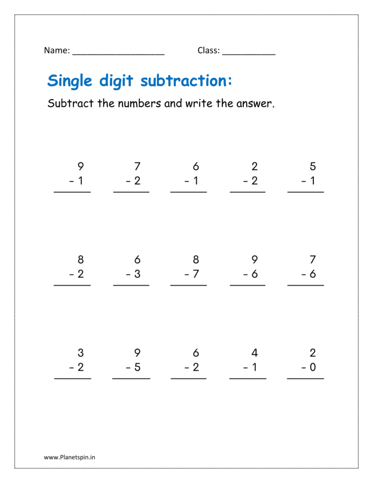 Subtraction examples worksheet for kindergarten | Planetspin.in