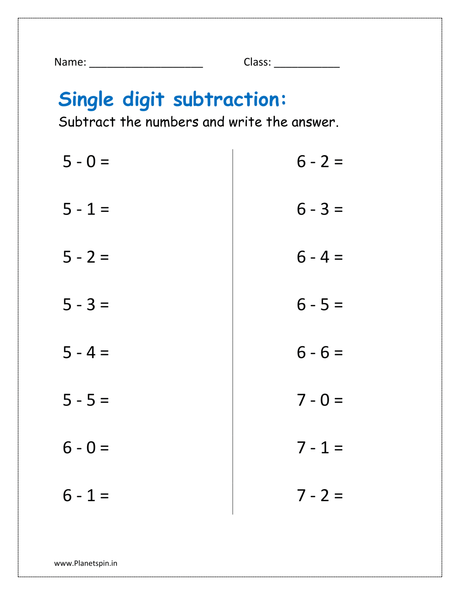 Single digit subtraction worksheet PDF | Planetspin.in
