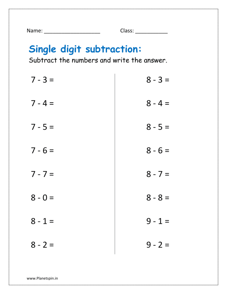 Single digit subtraction worksheet PDF | Planetspin.in