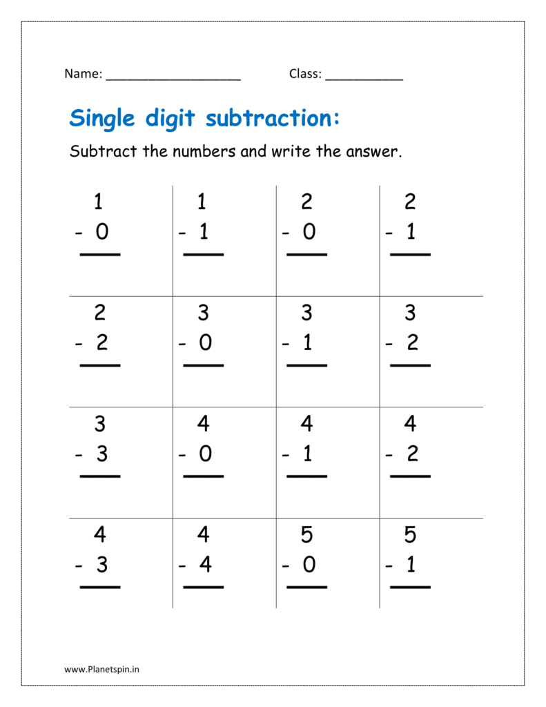 Subtraction examples worksheet for kindergarten | Planetspin.in