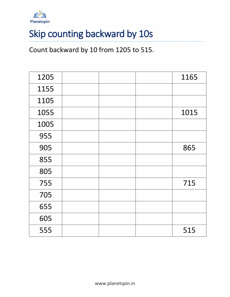 Skip counting backwards by 10 worksheets for grade 2