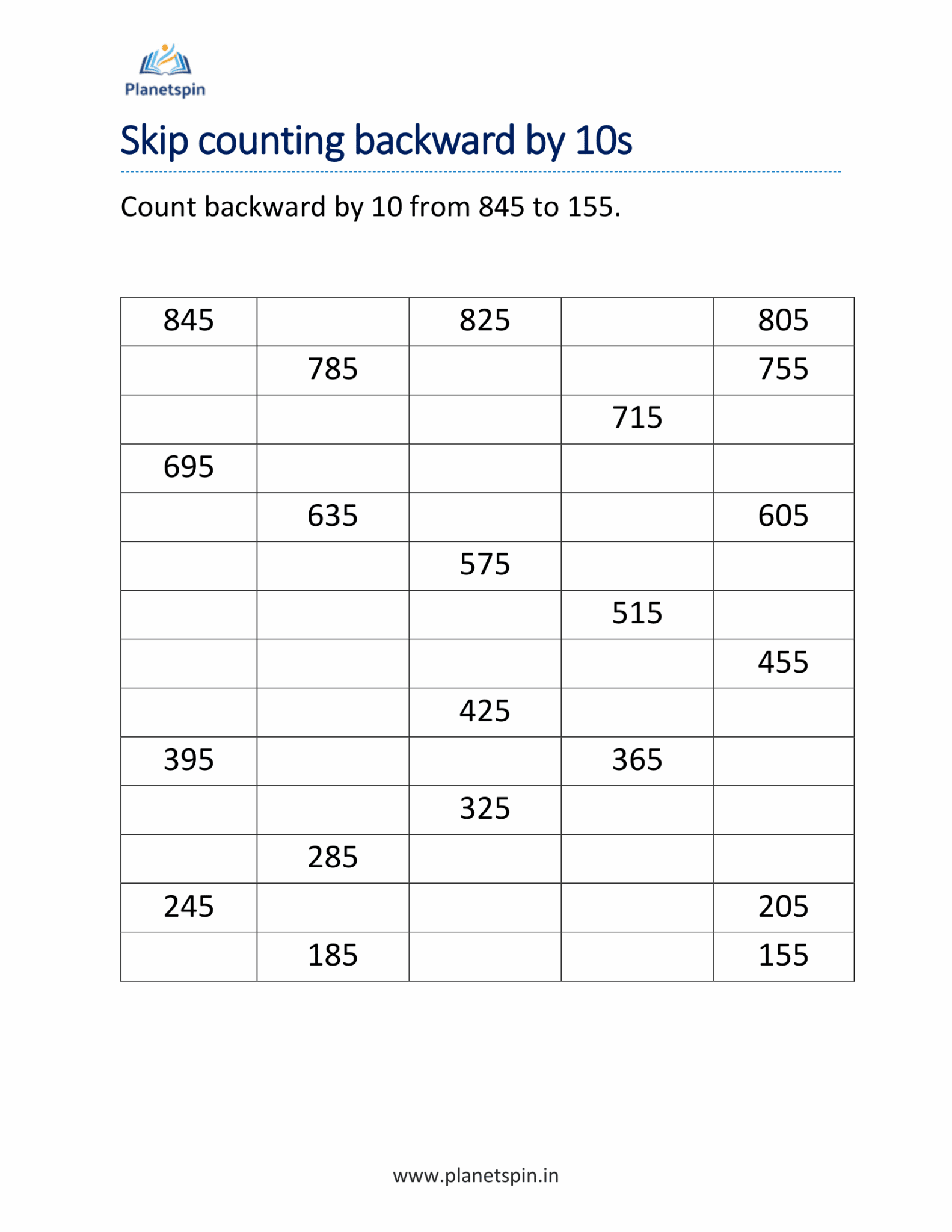 Skip counting backwards by 10 worksheets for grade 2