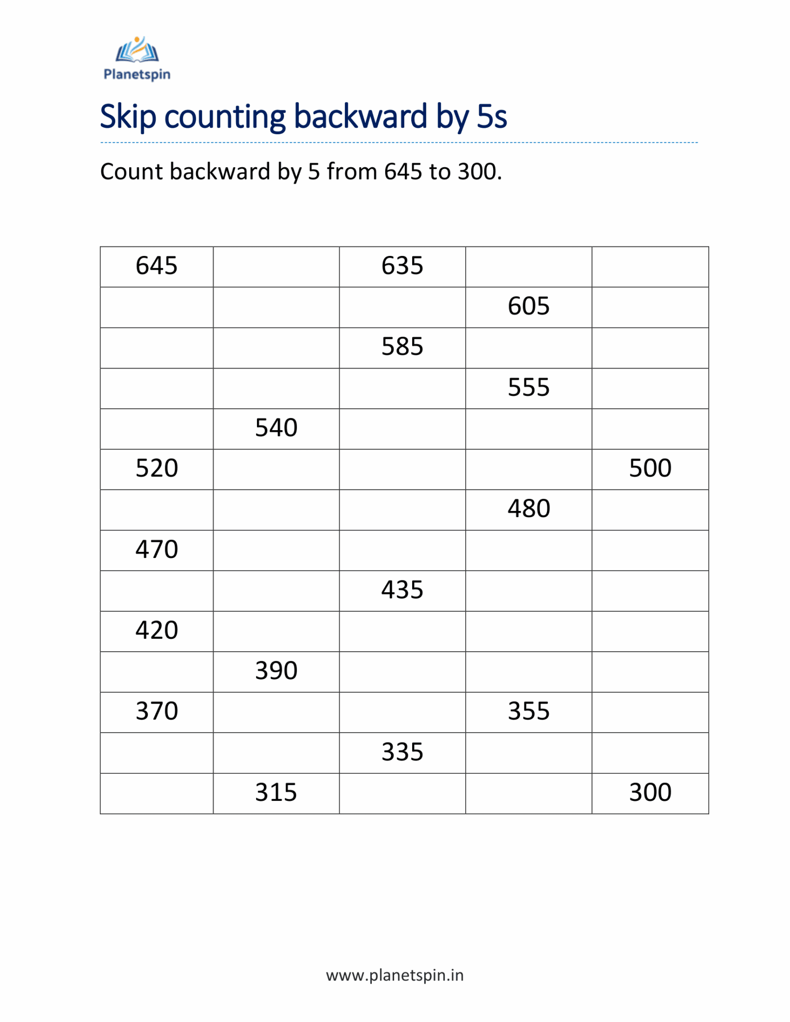 Skip counting backwards by 5 worksheets for grade 2