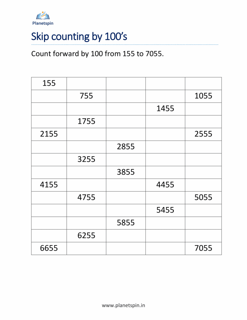 Skip counting by 100 worksheets for grade 2 | Planetspin.in