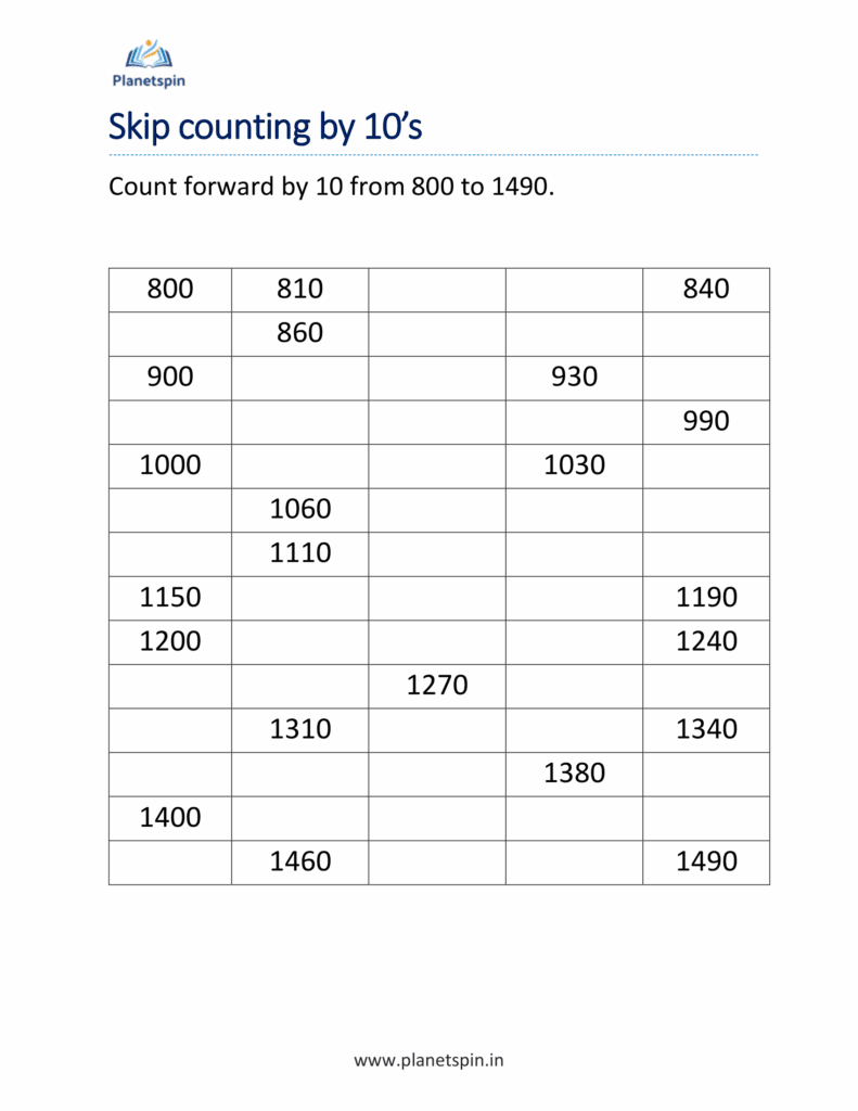 Skip counting by 10 worksheets for grade 2 | Planetspin.in