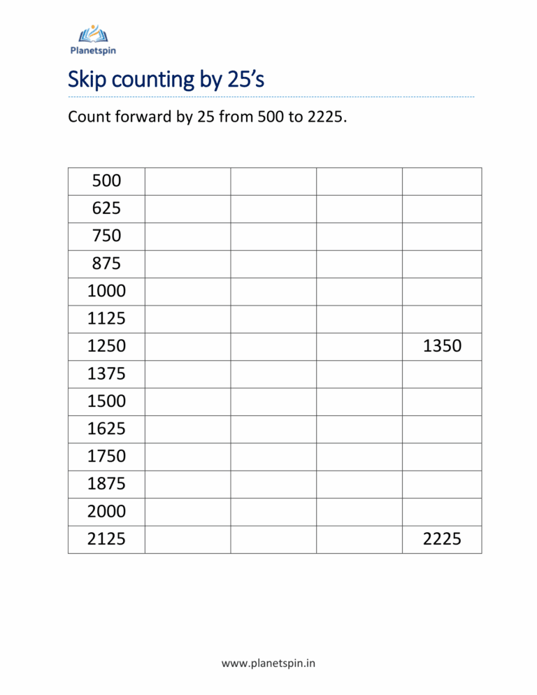 Skip counting by 25 worksheets for grade 2 | Planetspin.in