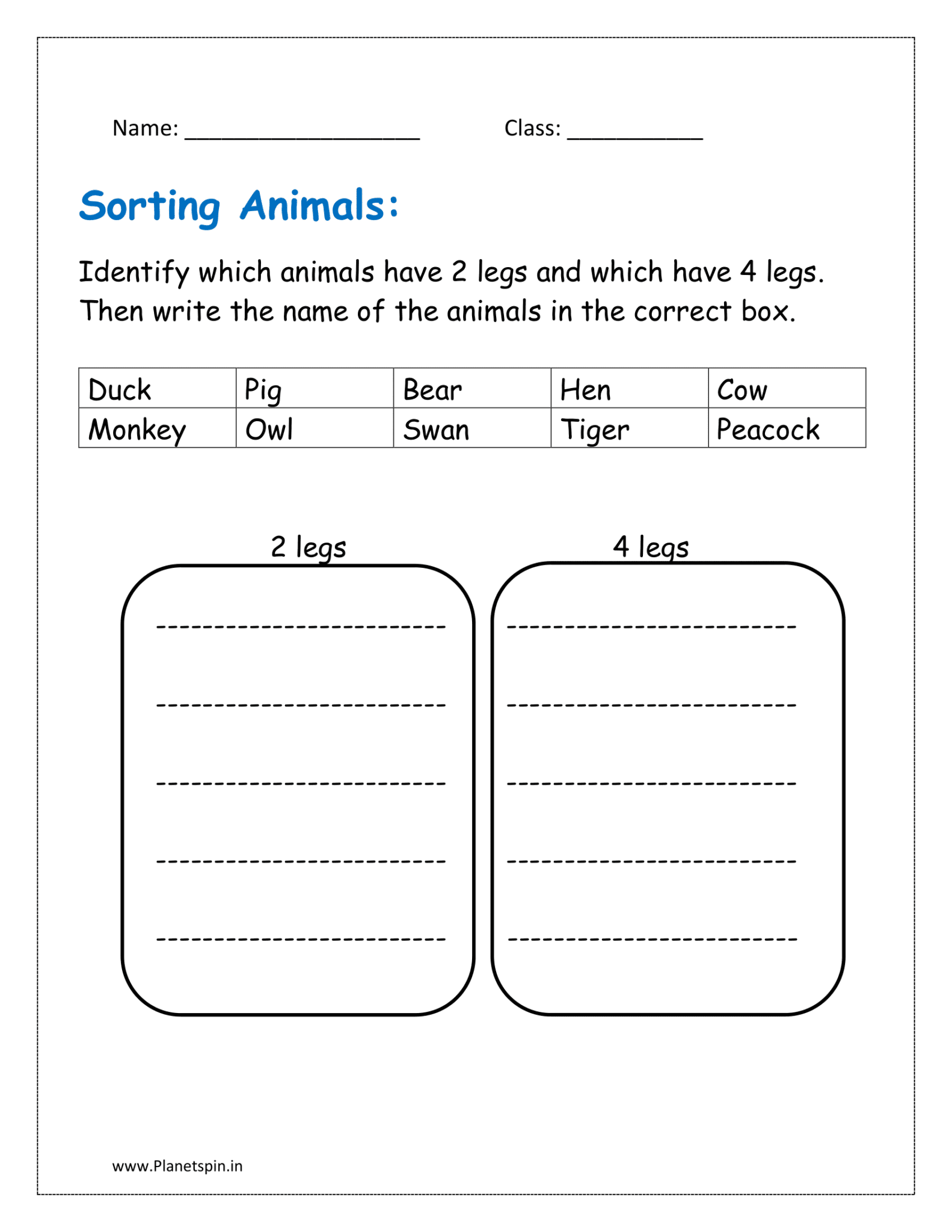 Animals and their legs worksheet for grade 1