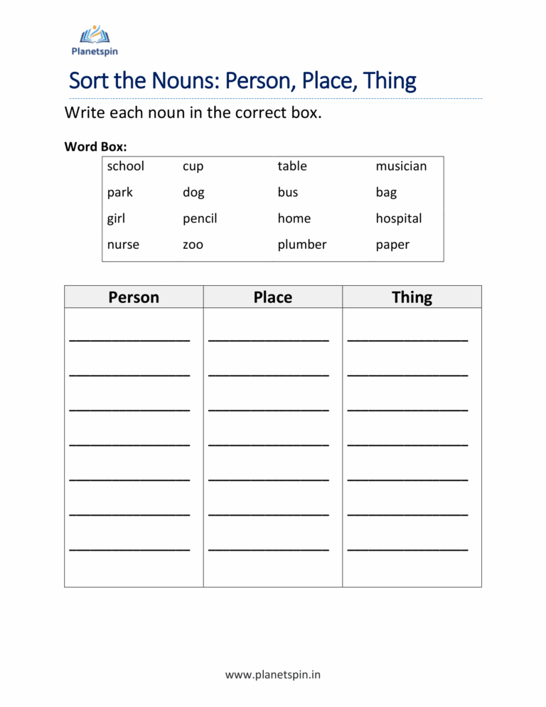 Noun identification worksheet for grade 1 | Planetspin.in