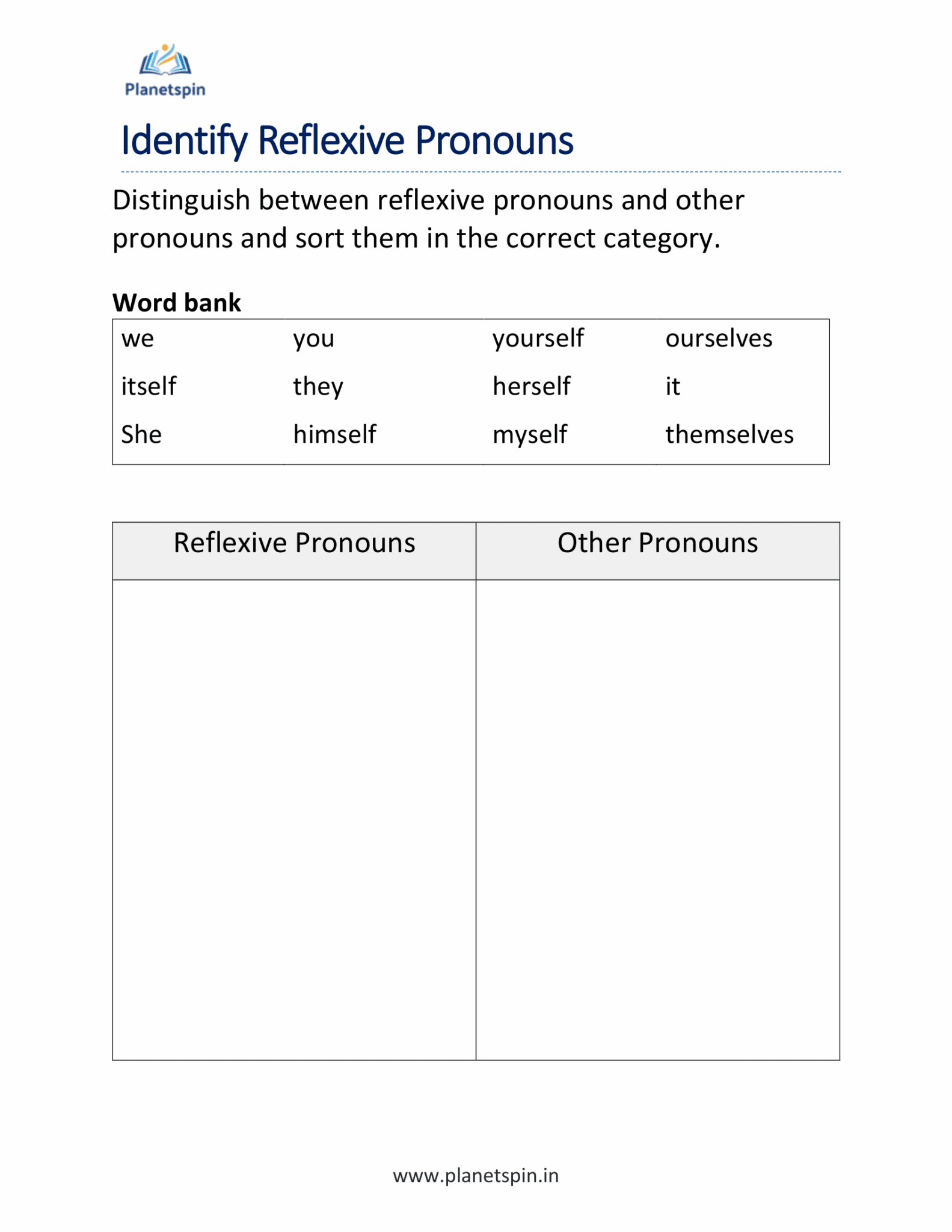 Personal pronouns worksheets for grade 2 | Planetspin.in