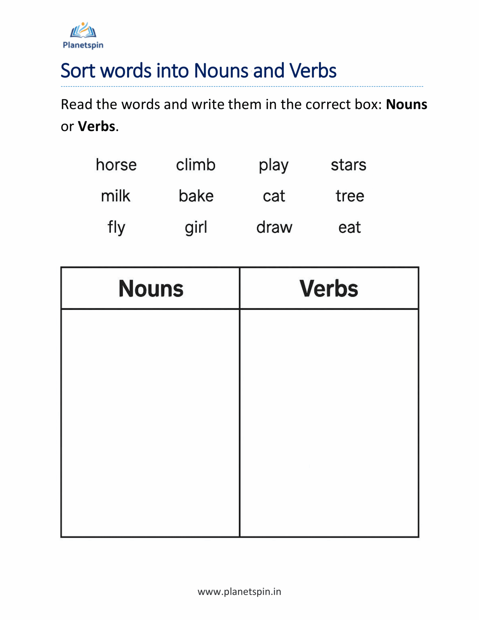 Identifying nouns and verbs worksheet in sentences for grade 2
