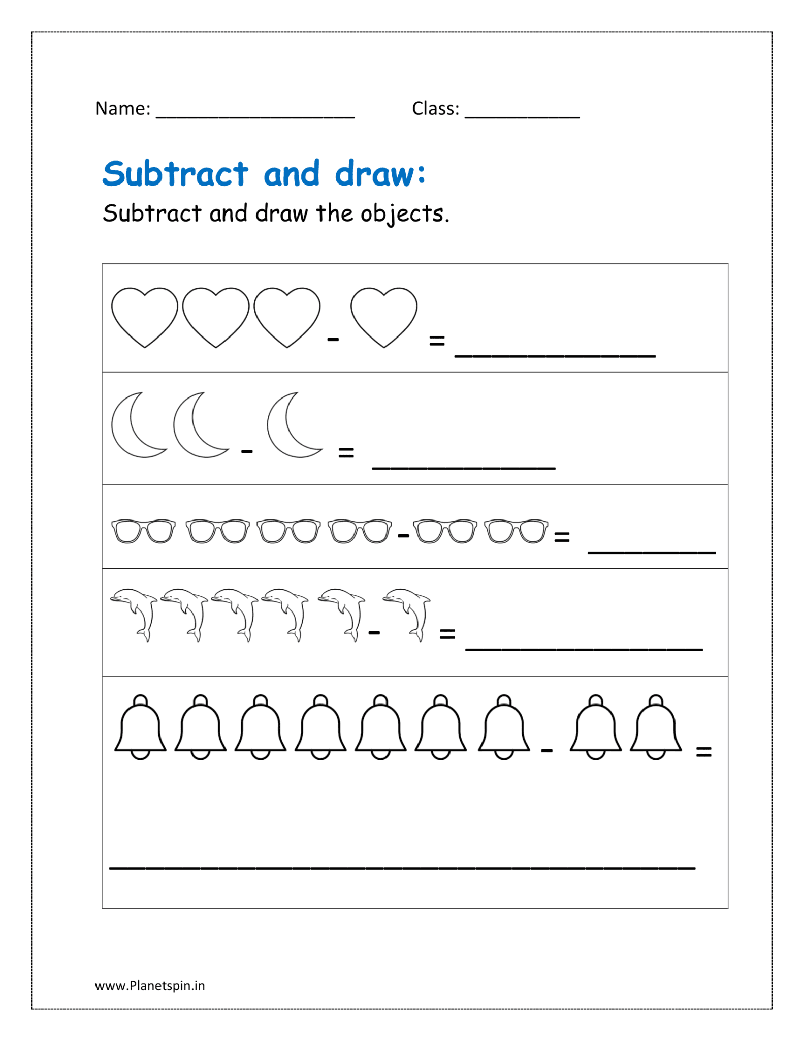 Subtraction with drawing worksheets | Planetspin.in