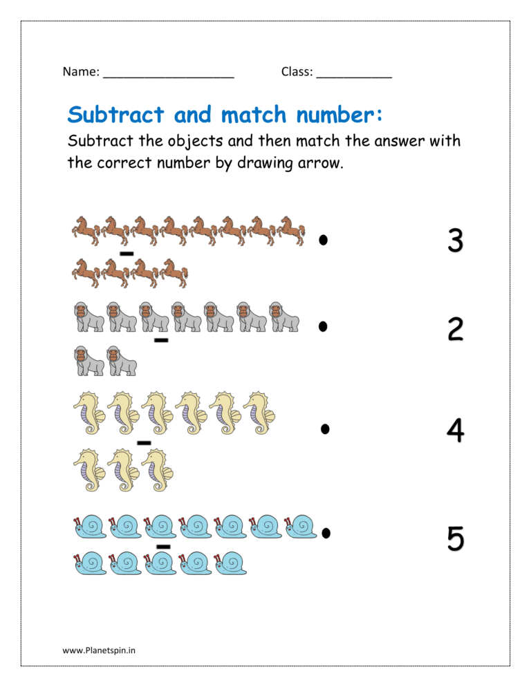 Subtract and match worksheet for kindergarten | Planetspin.in