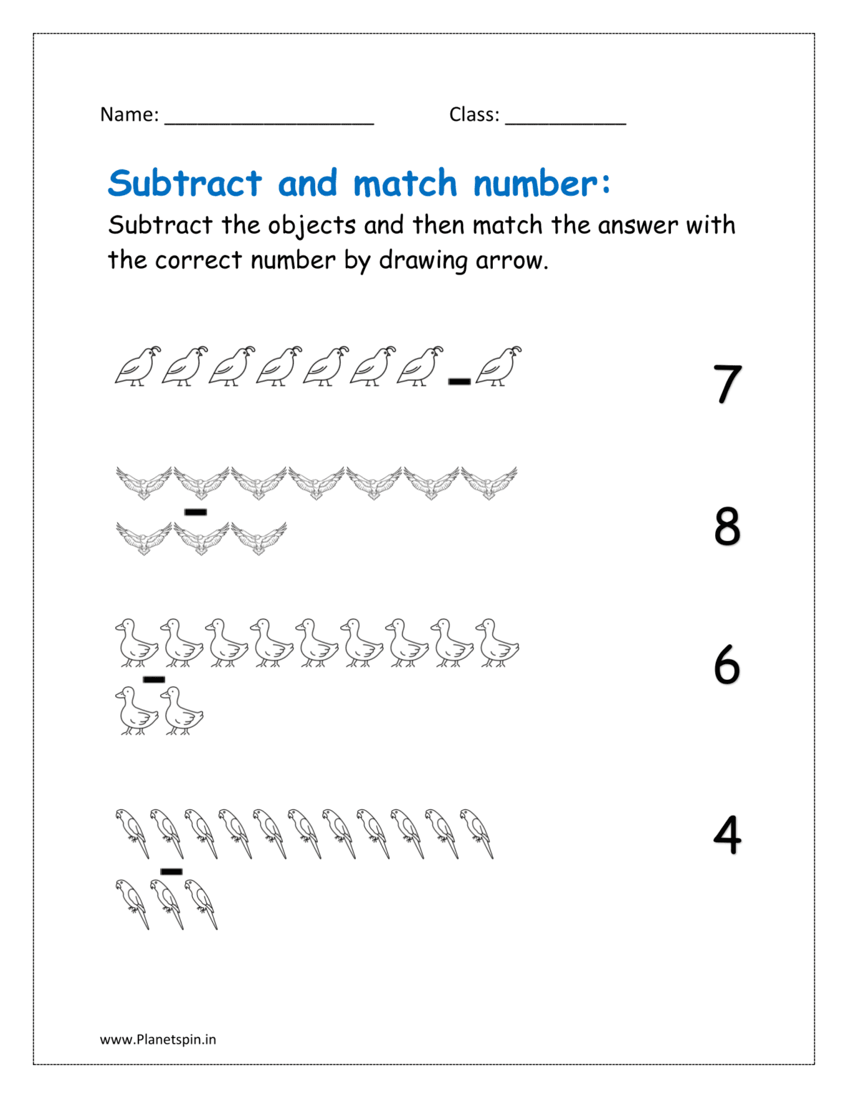 Subtract and match worksheet for kindergarten | Planetspin.in