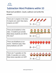 Subtraction word problems within 10 worksheets | Planetspin.in