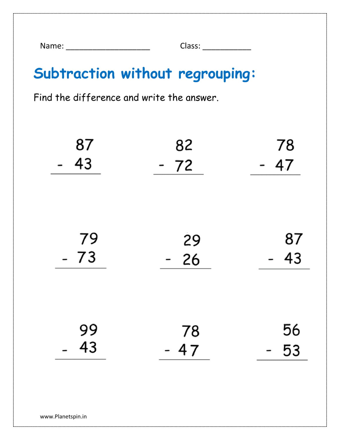 2 digit subtraction worksheets without regrouping | Planetspin.in