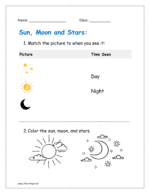 Sun moon and stars worksheets for grade 1 | Planetspin.in