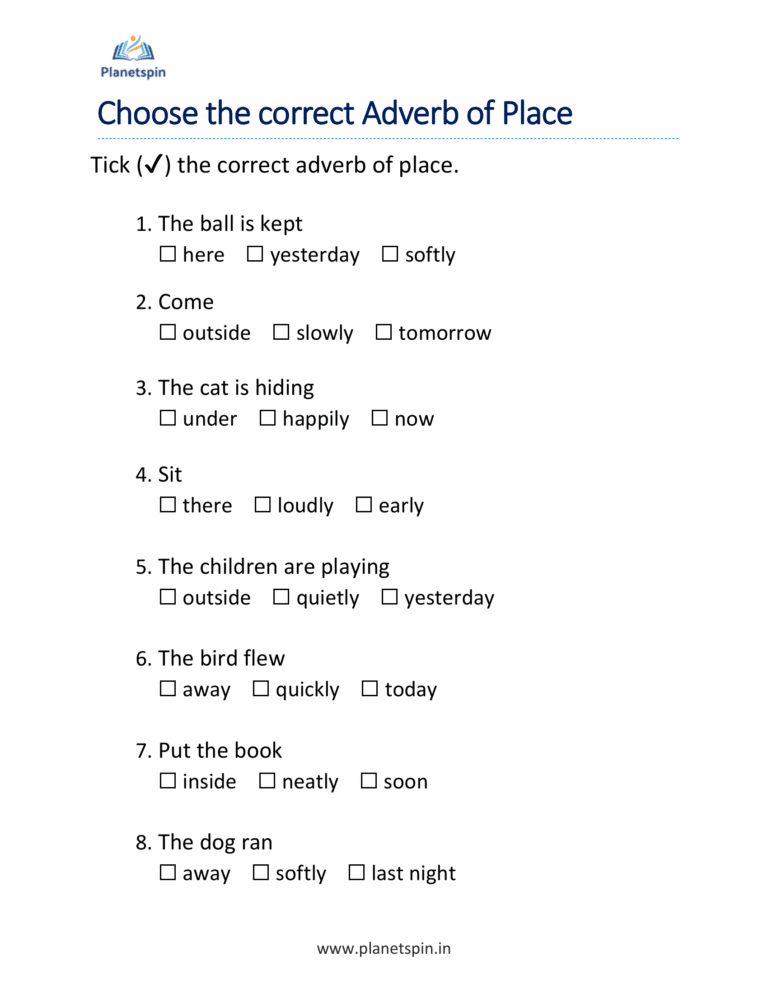 Adverbs of place worksheet for grade 2 | Planetspin.in