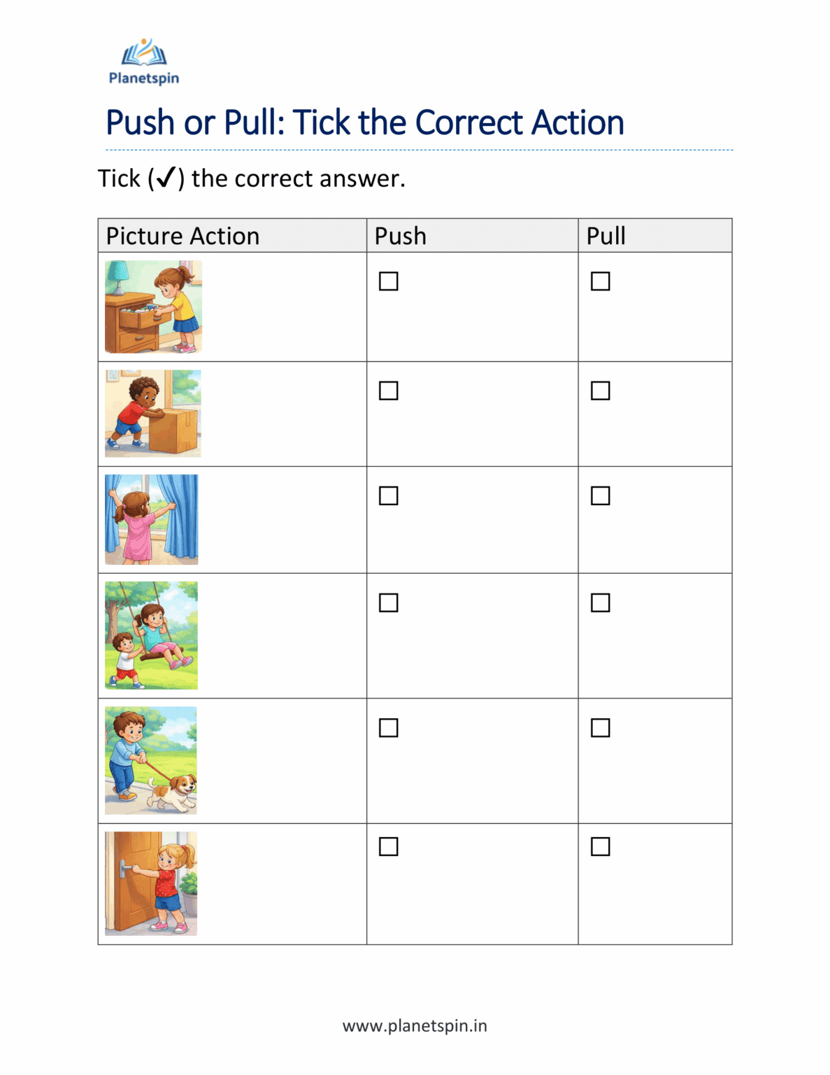 Push or pull worksheets for kindergarten | Planetspin.in