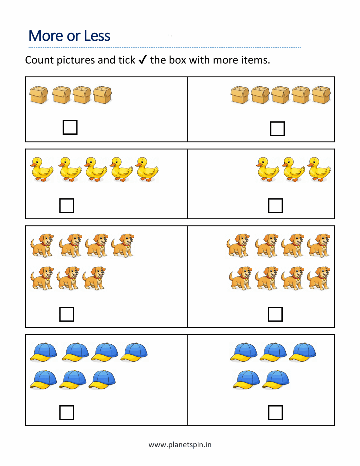 More and less worksheets for kindergarten | Planetspin.in