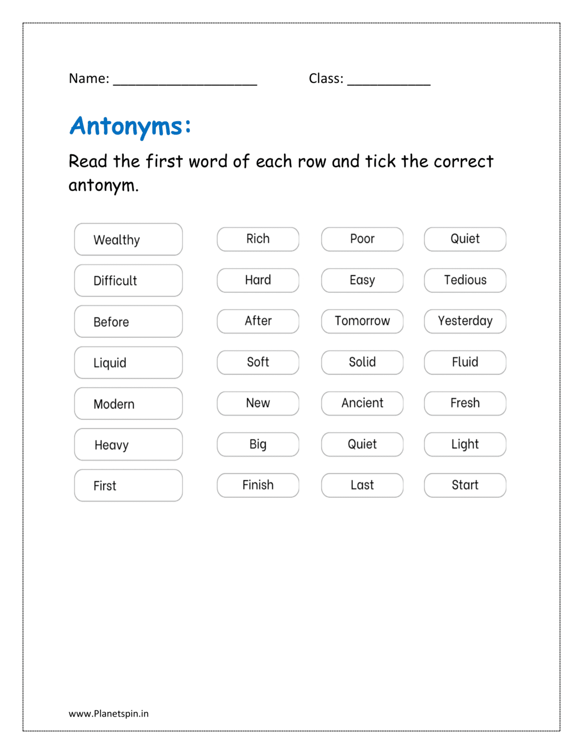 Antonyms worksheet for kindergarten | Planetspin.in