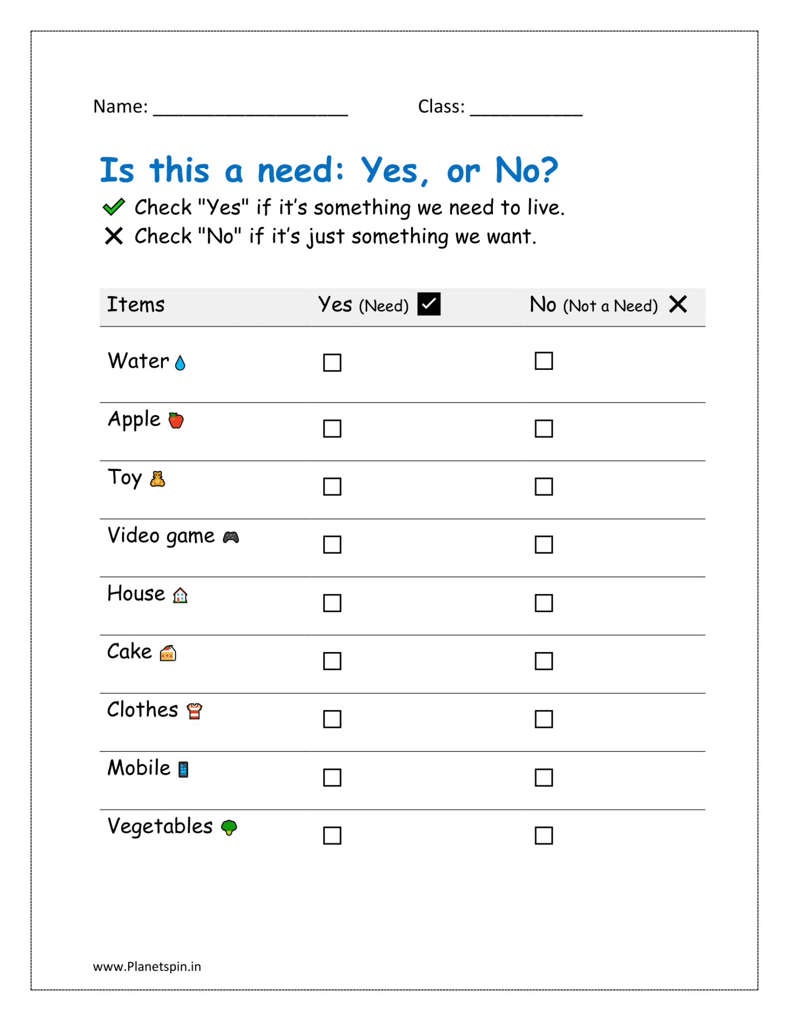 Worksheets on needs and wants for 1st grade | Planetspin.in