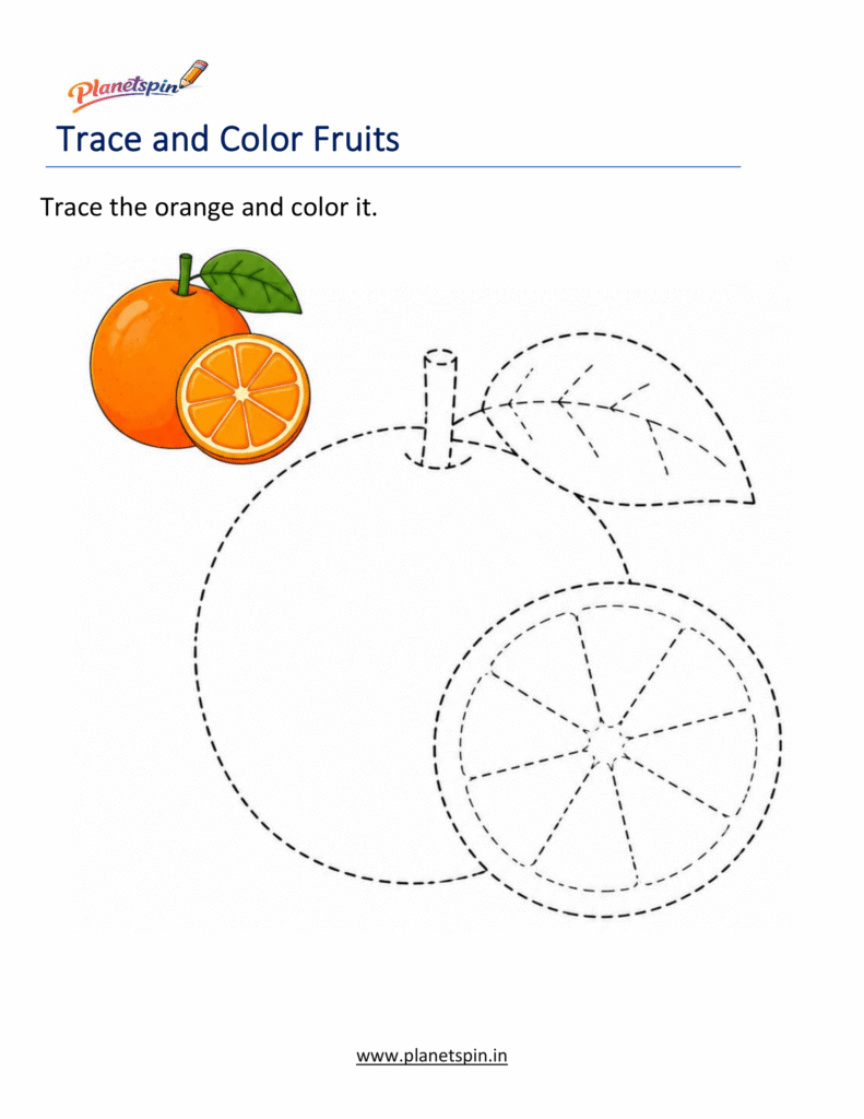 Trace and color fruits worksheets | Planetspin.in