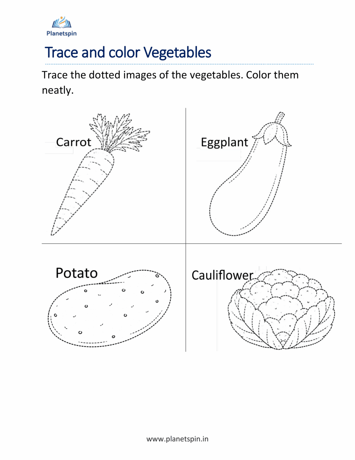 Trace and color vegetables worksheets | Planetspin.in