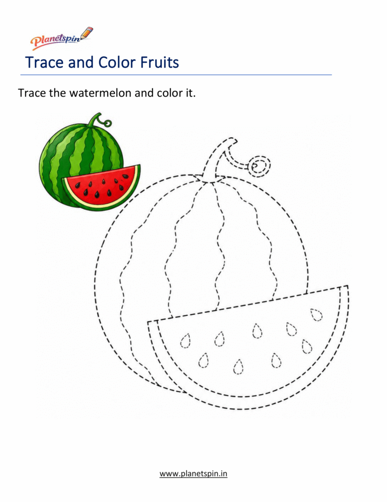 Trace and color fruits worksheets | Planetspin.in