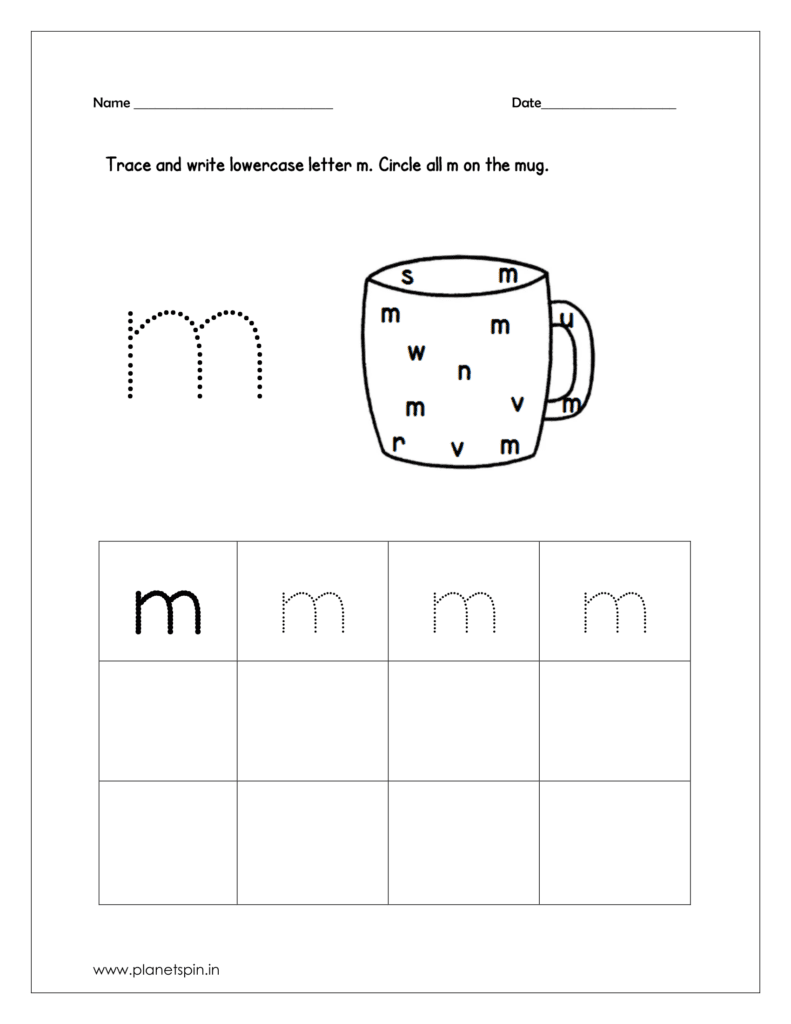 Free printable lowercase letter m tracing worksheet (PDF)