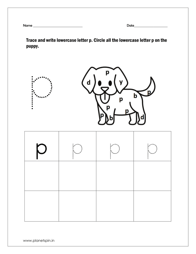 Lowercase p worksheet for tracing | Planetspin.in