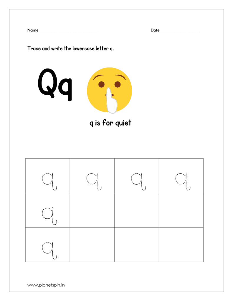 Free printable lowercase letter q tracing worksheet (PDF)