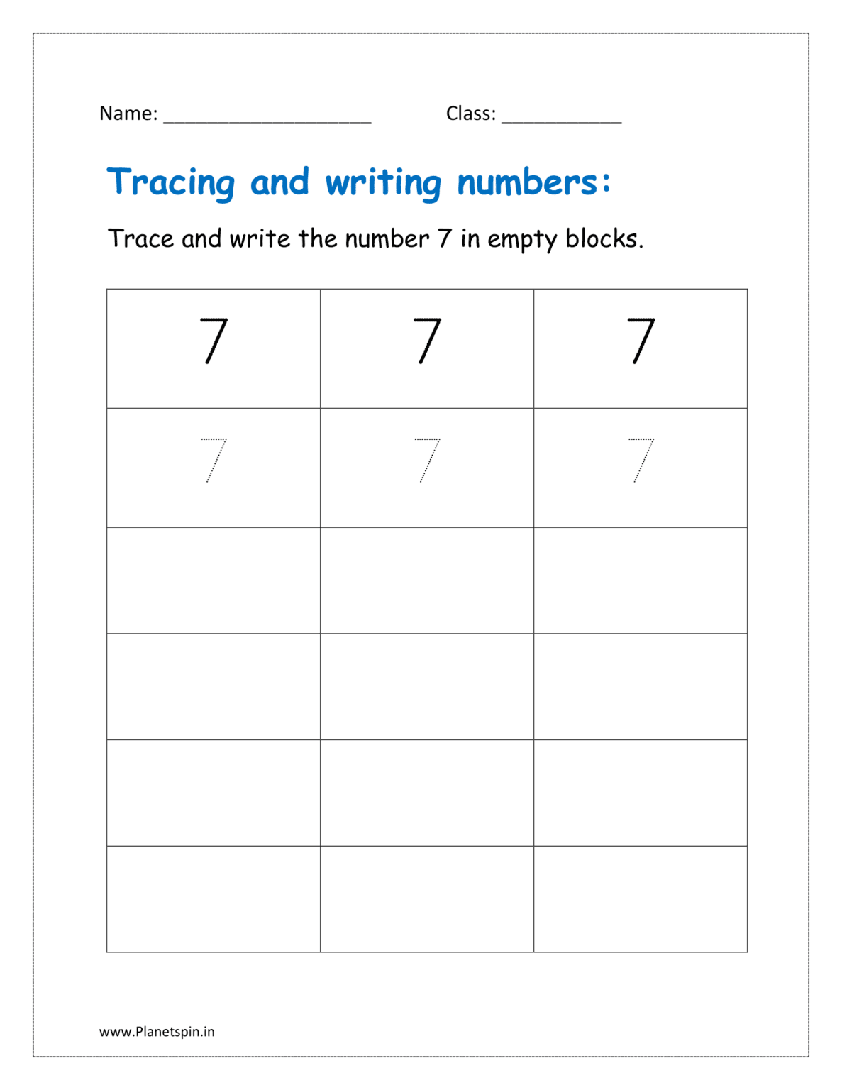 Tracing number 7 worksheet PDF - Free printable for kindergarten
