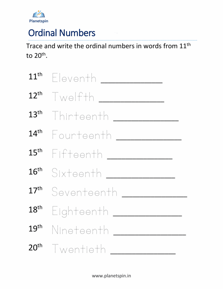Ordinal numbers worksheet 1 20 | Planetspin.in