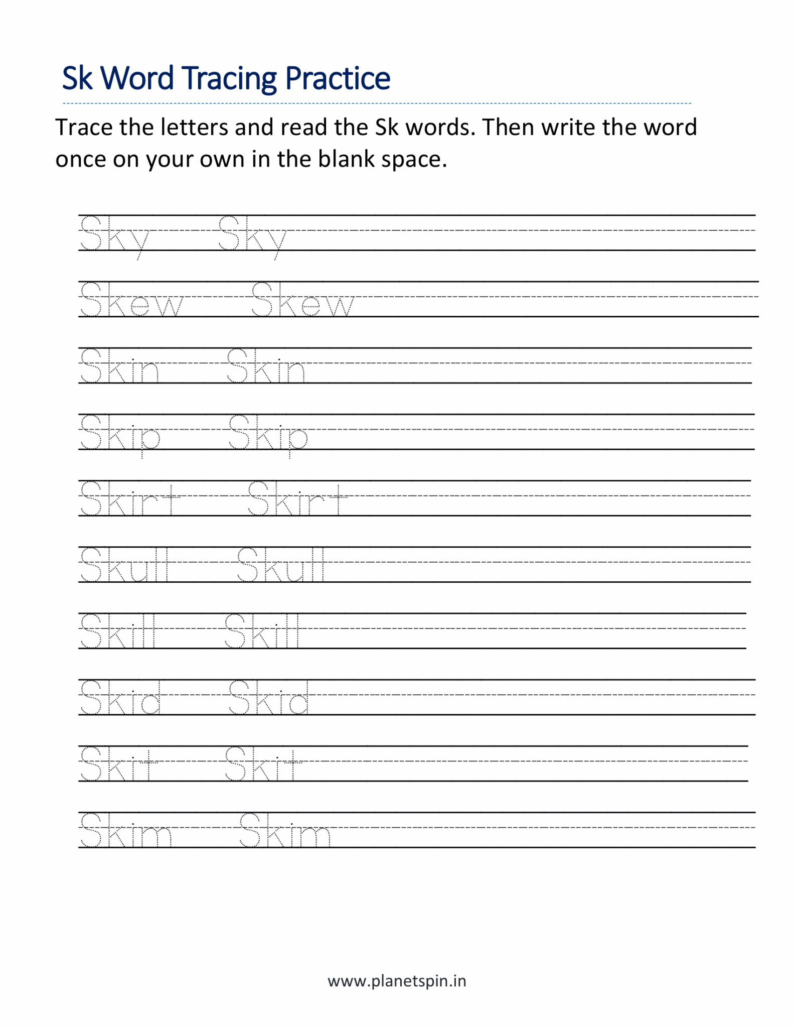 Free printable sk blends worksheets PDF for kindergarten