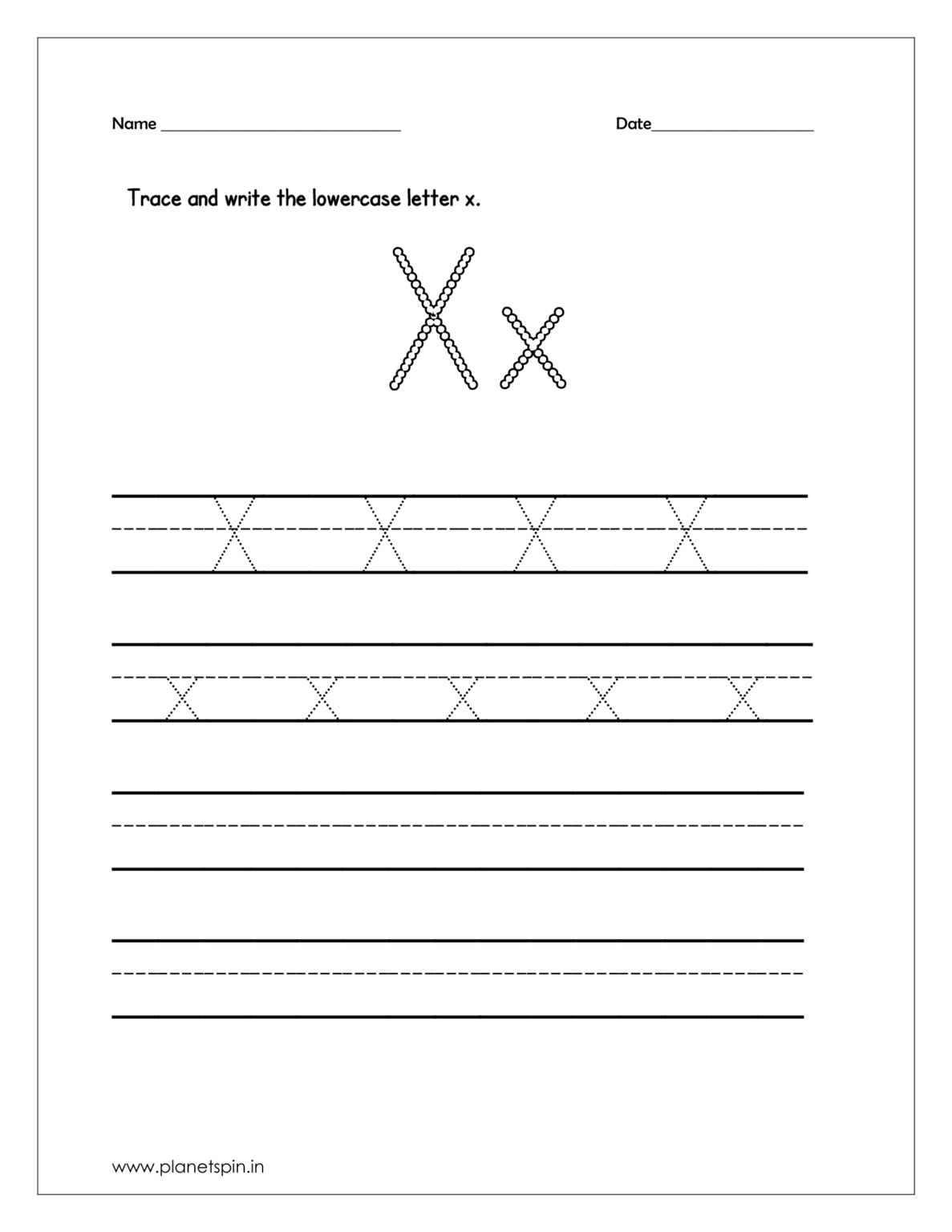 Free printable lowercase letter x tracing worksheet (PDF)