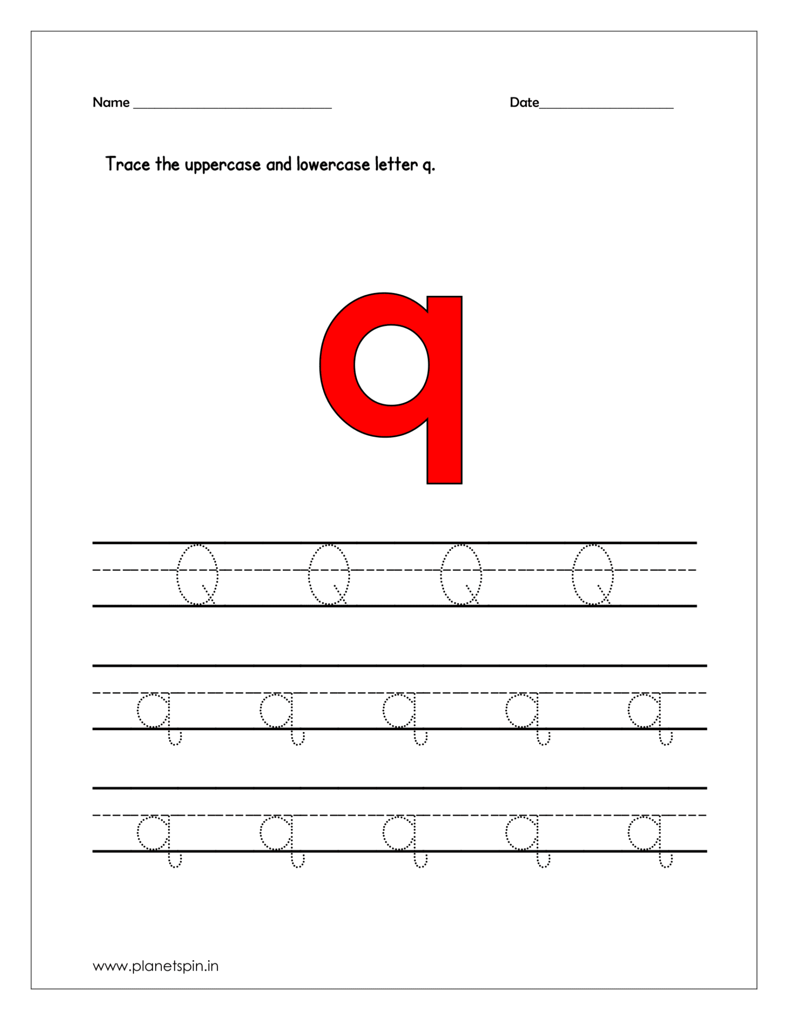 Free printable lowercase letter q tracing worksheet (PDF)